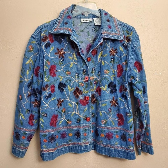 Tops | Vintage Units Denim Floral Embroidered Shirt Jacket | Poshmark